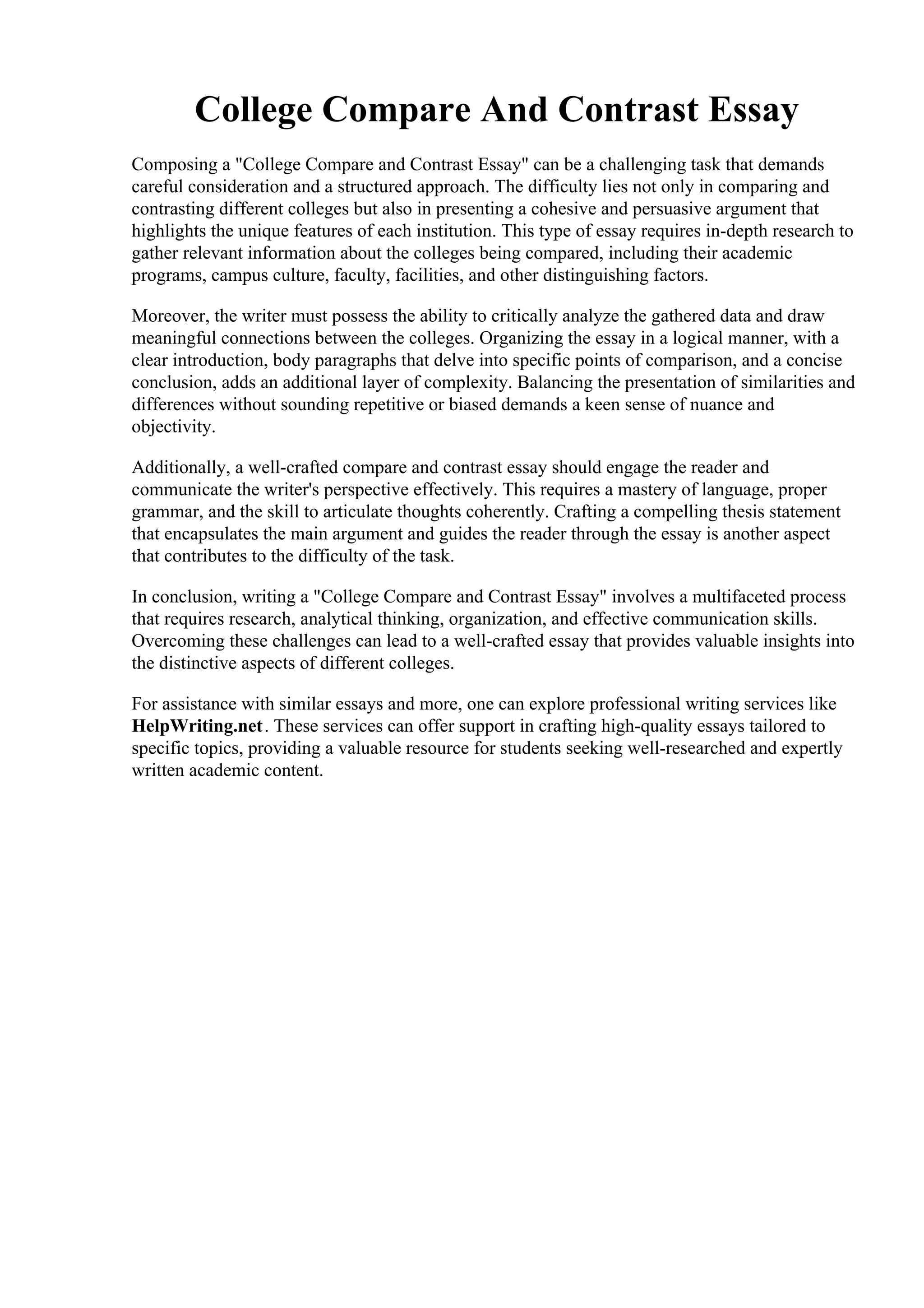 College Compare And Contrast Essay. Compare and Contrast Essay Examples ...