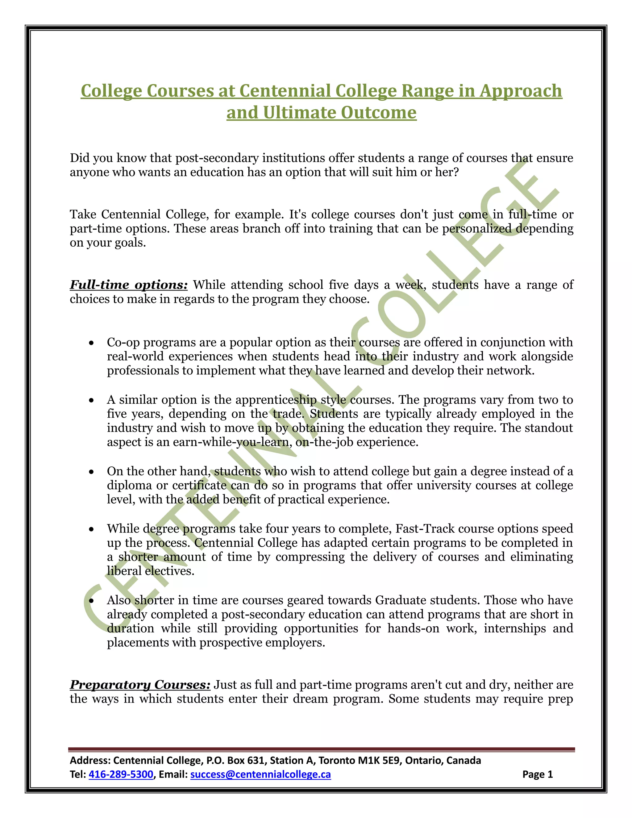 College Courses at Centennial College Range in Approach and Ultimate ...