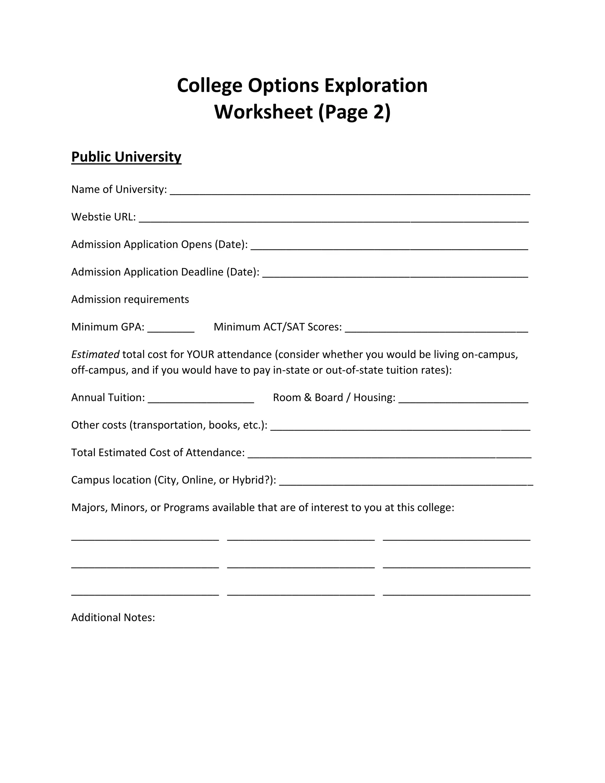College Options Exploration Worksheet | PDF