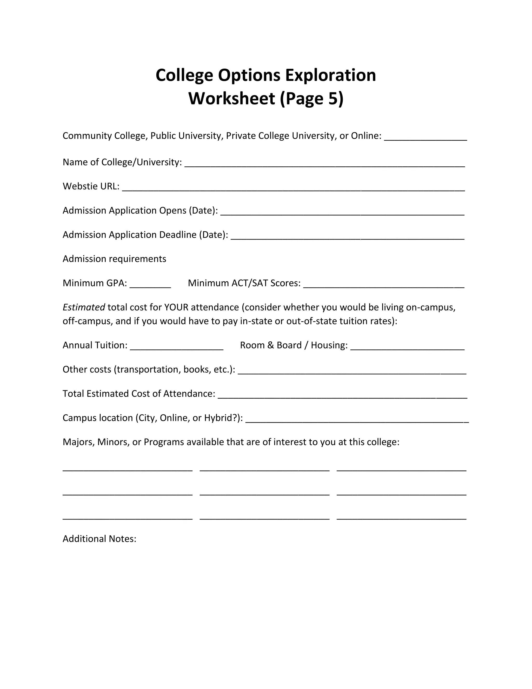 College Options Exploration Worksheet | PDF