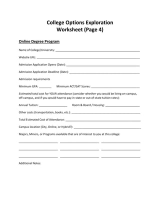 College Options Exploration Worksheet | PDF | College Planning ...