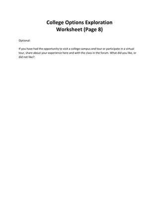 College Options Exploration Worksheet | PDF | College Planning ...