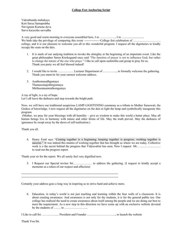 College fest anchoring script | DOCX