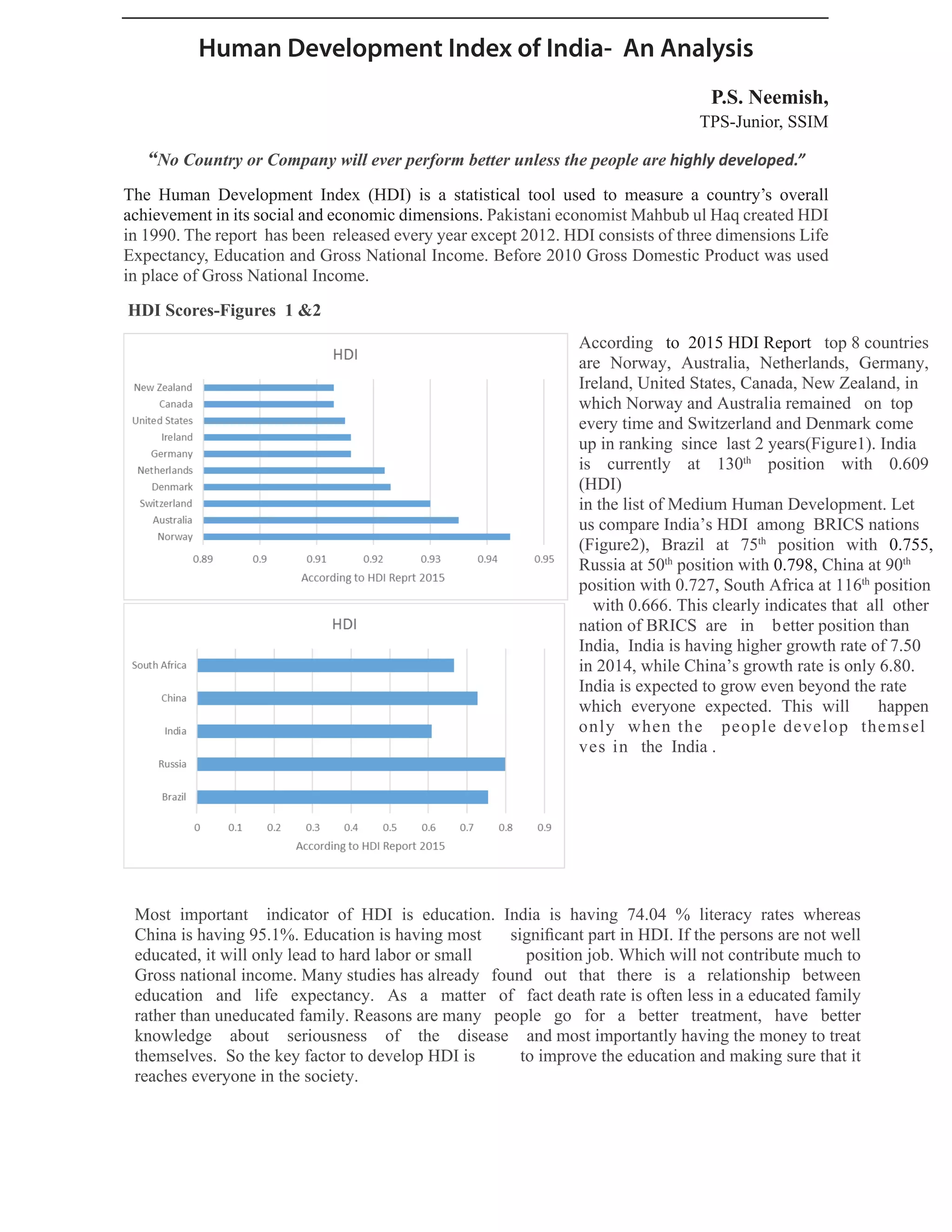 Human Development Index of India- An Analysis | PDF