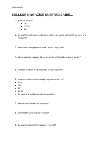 College magazine questionnaire | DOCX | College Education | Education