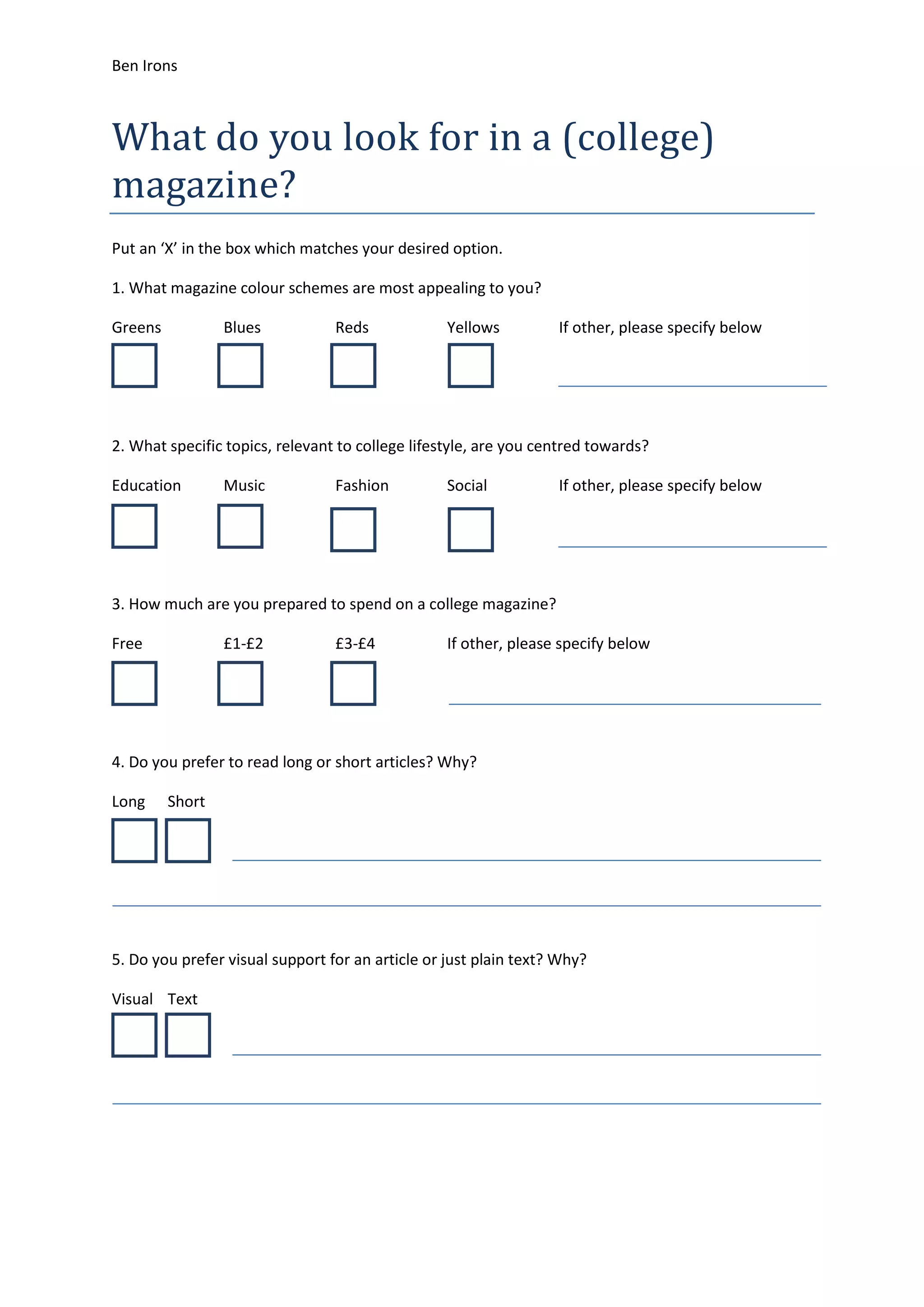College magazine questionnaire | PDF
