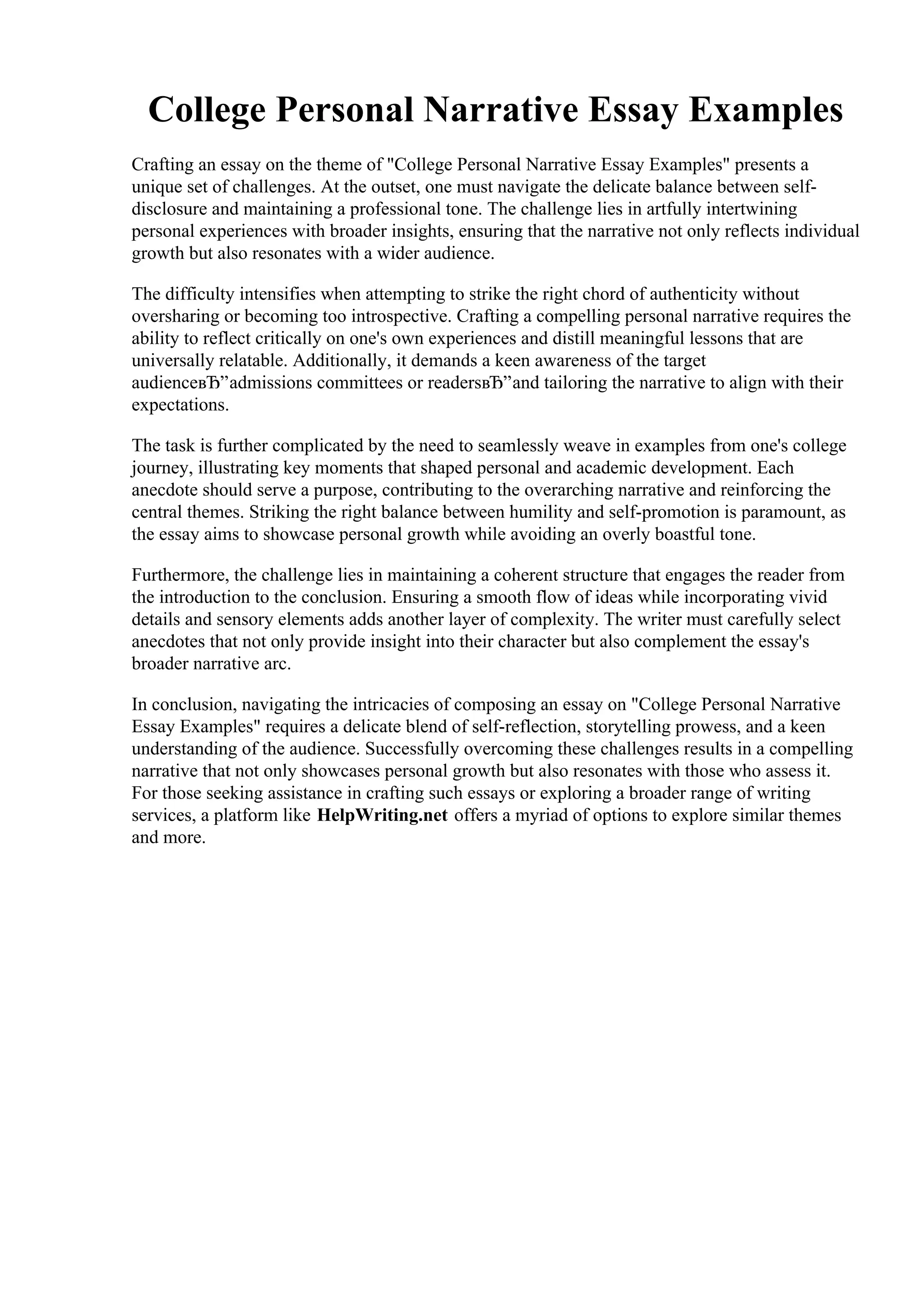 College Personal Narrative Essay Examples | PDF