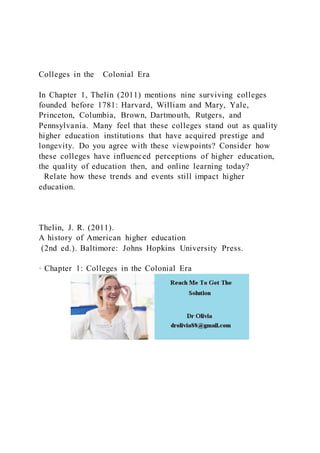Colleges in the Colonial EraIn Chapter 1, Thelin (2011) me | PDF