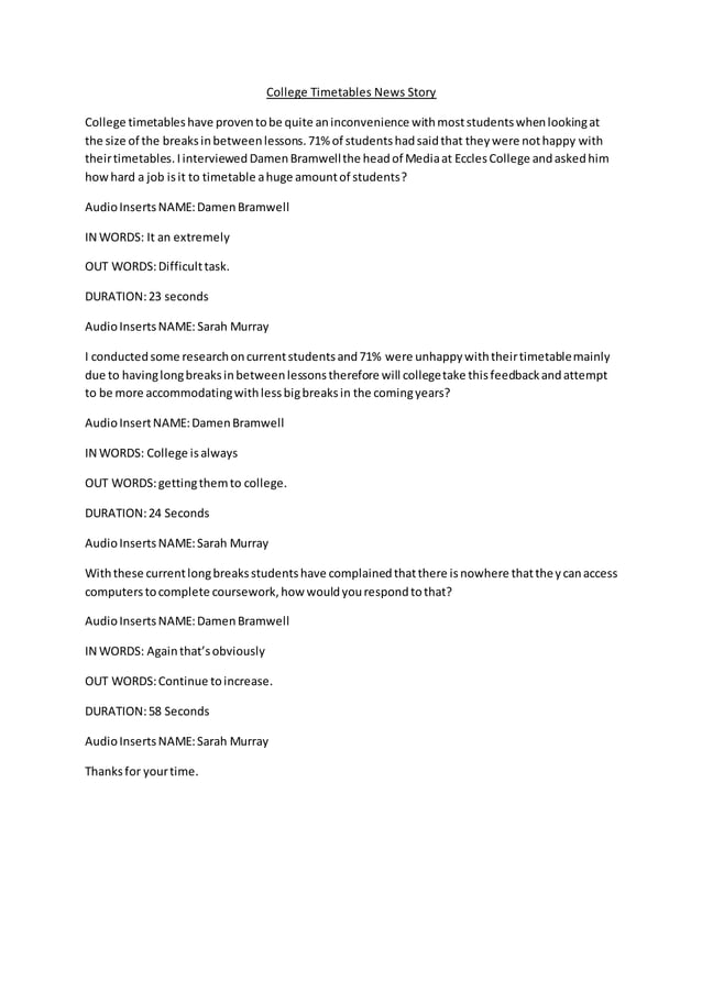 College timetables news story script | PDF