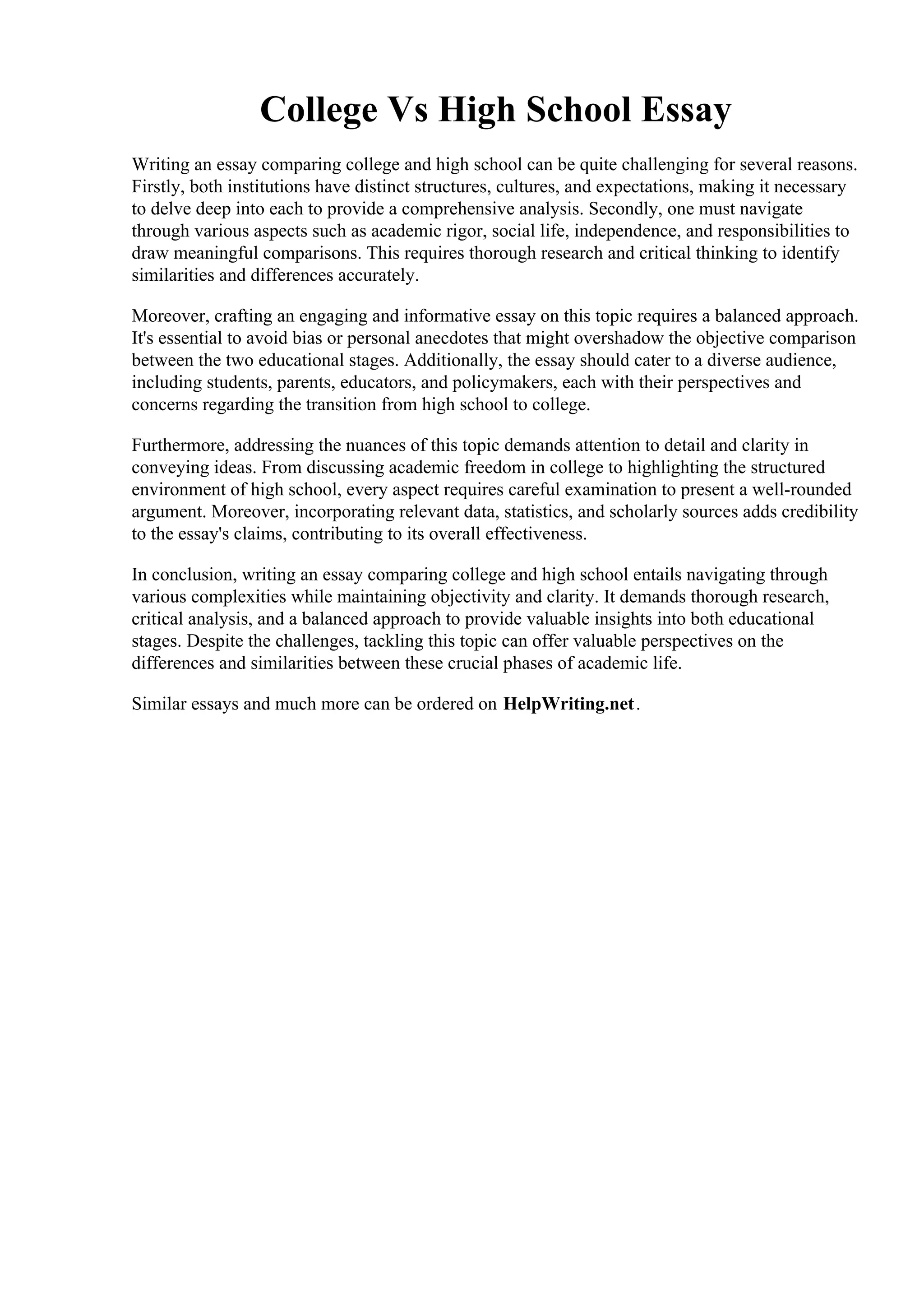 College Vs High School Essay. 6 Differences Between High School And ...