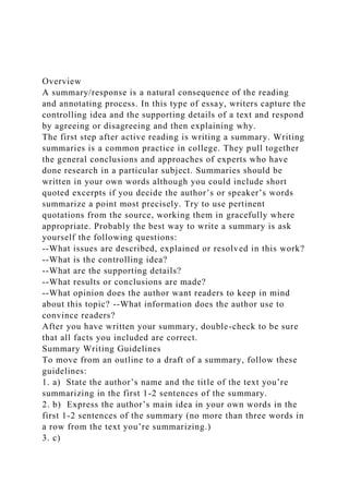 College Writing 1 Summary and Response Essay Fall Semester 2018.docx