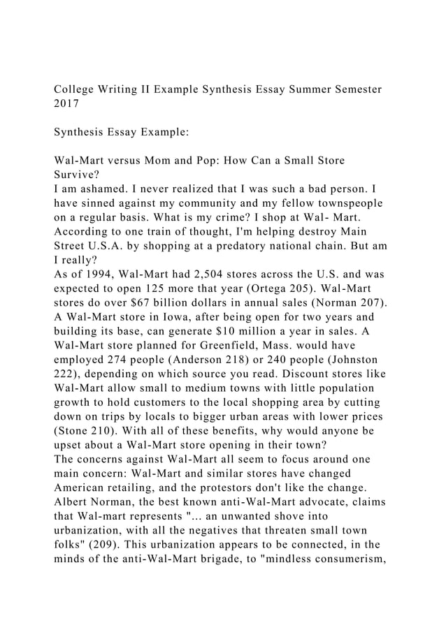 College Writing II Example Synthesis Essay Summer Semester 2017.docx