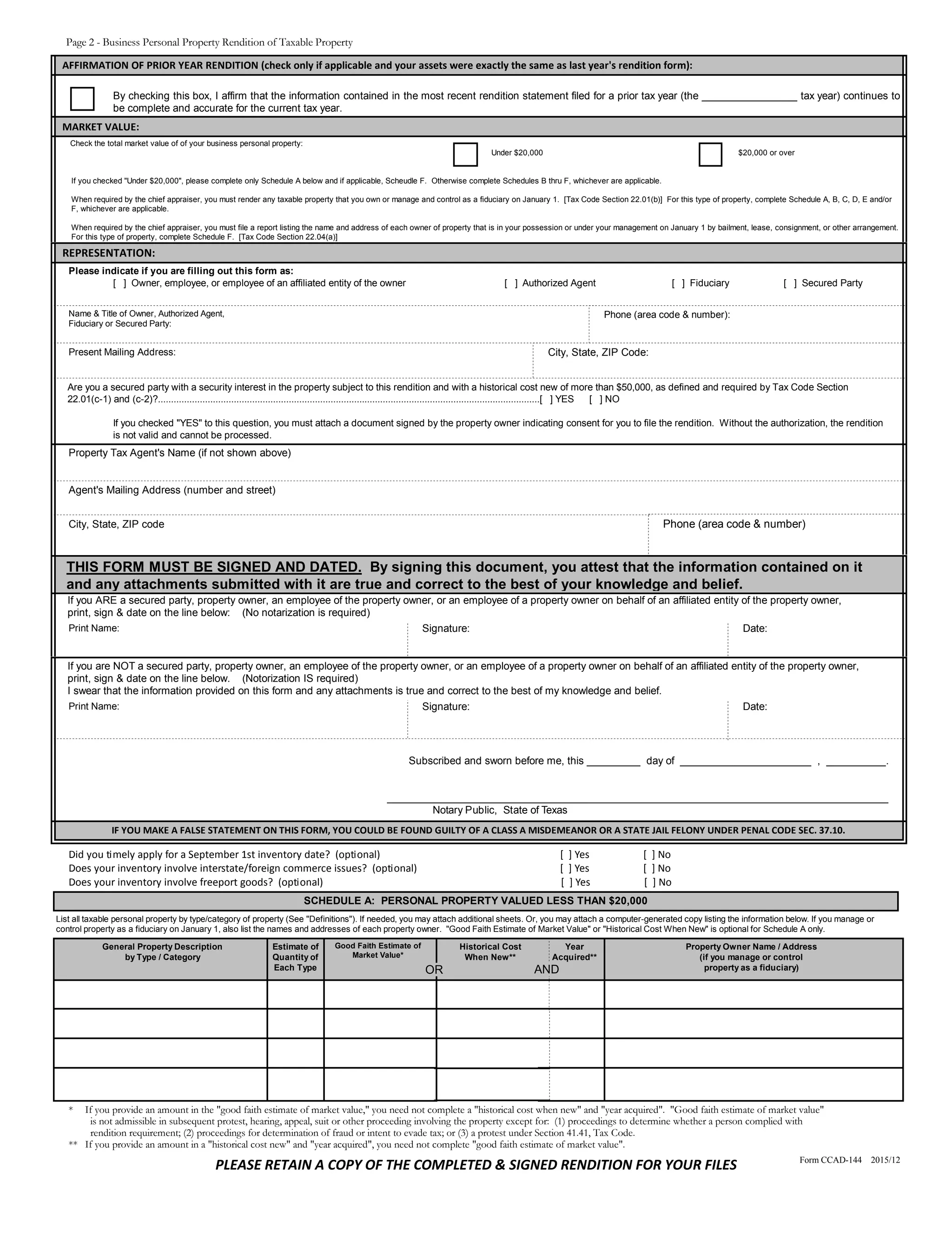 Collincad Business Property Personal Rendition form | PDF