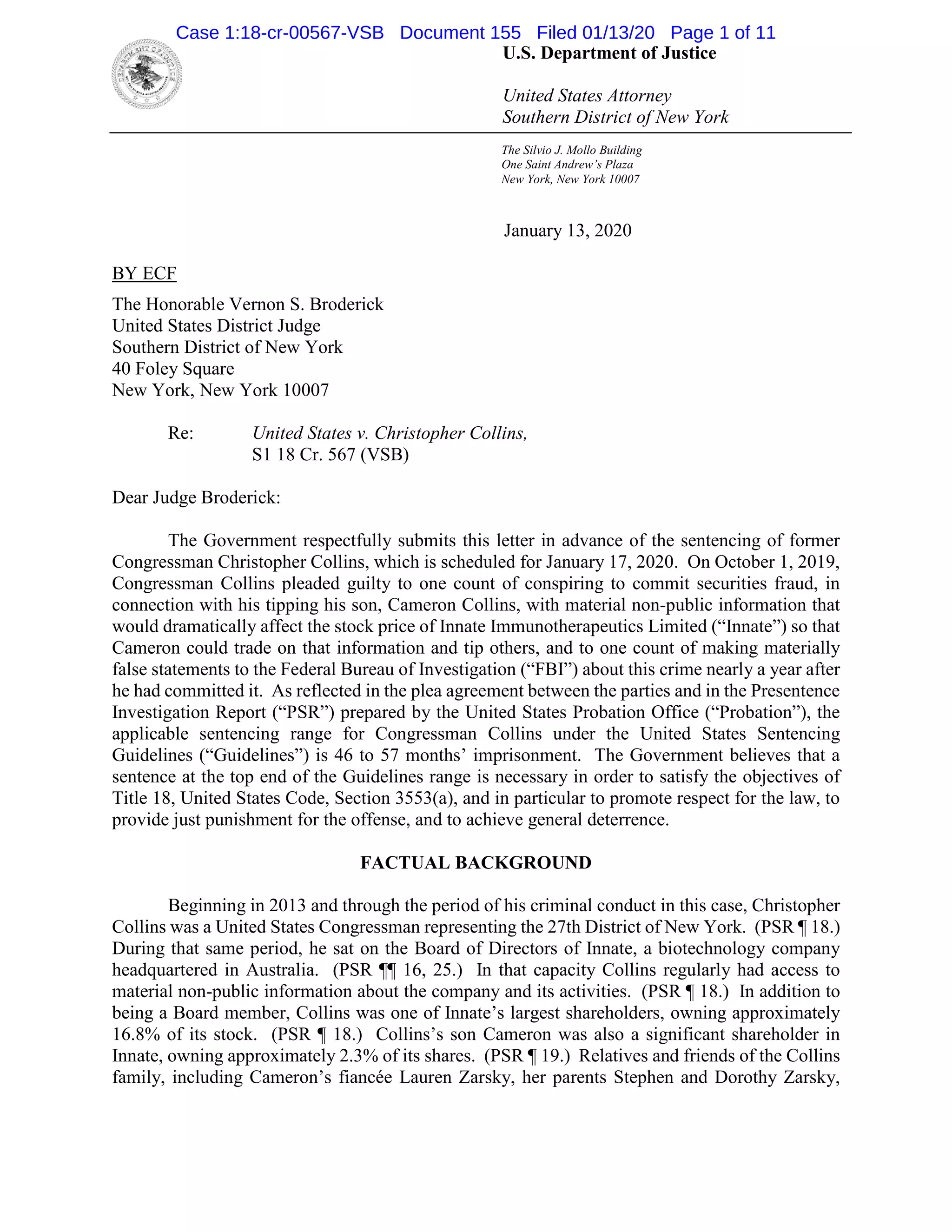 United States v. Christopher Collins sentencing letter | PDF