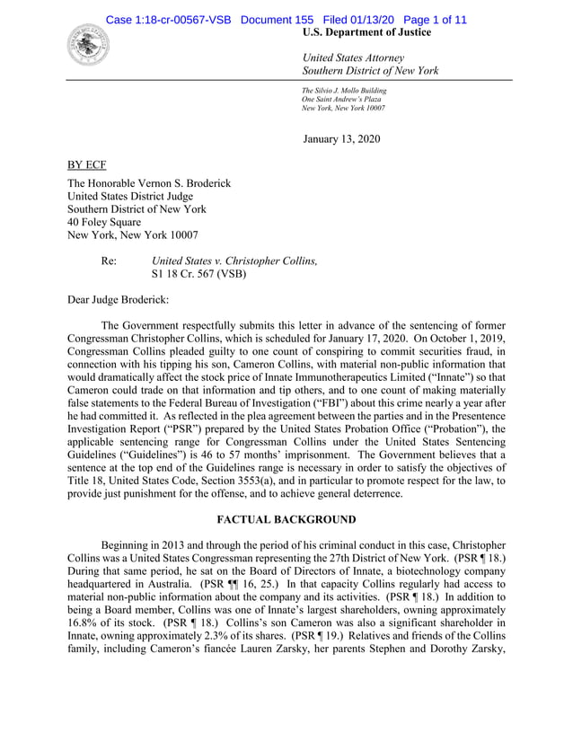 United States v. Christopher Collins sentencing letter | PDF