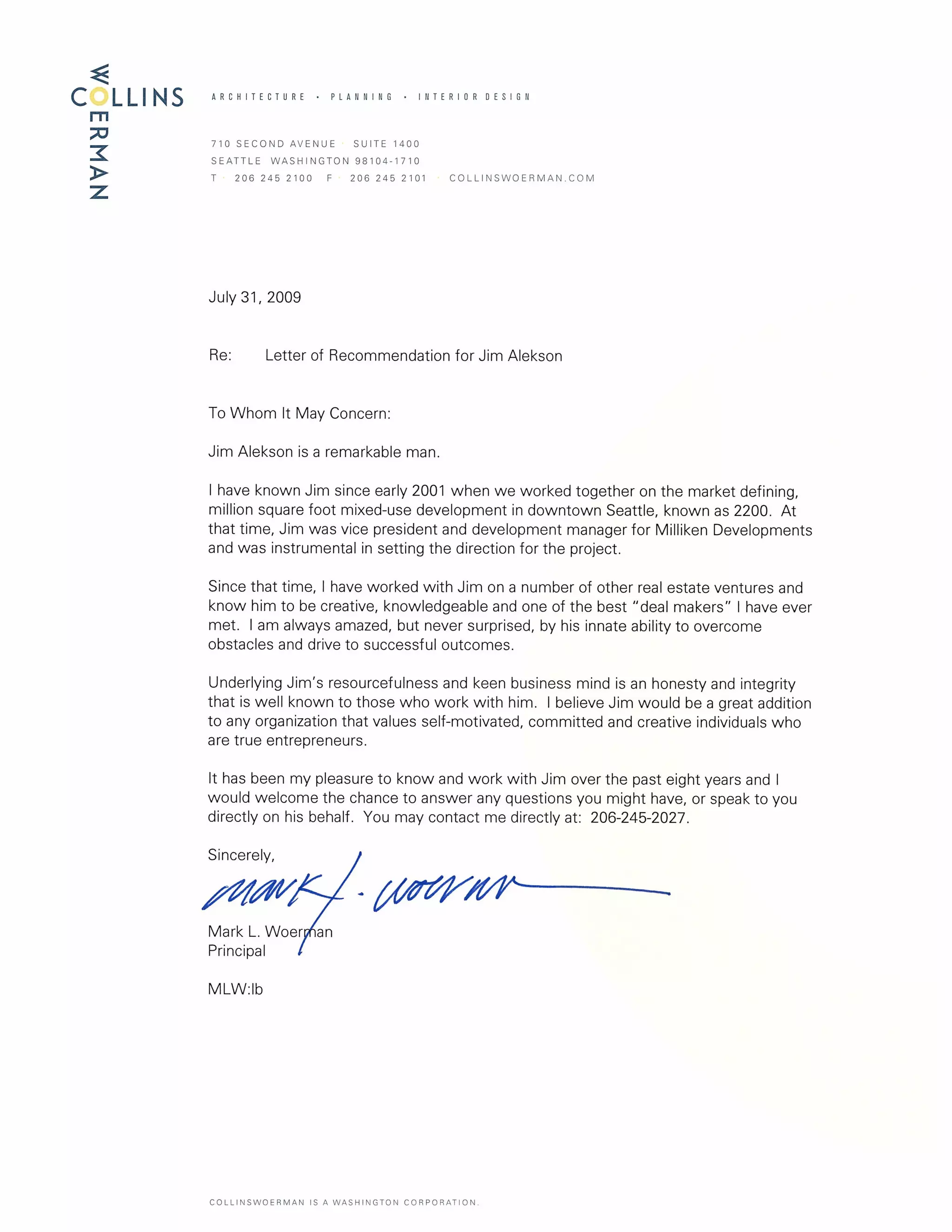 Collins Woerman Architects Letter Of Recommendation | PDF