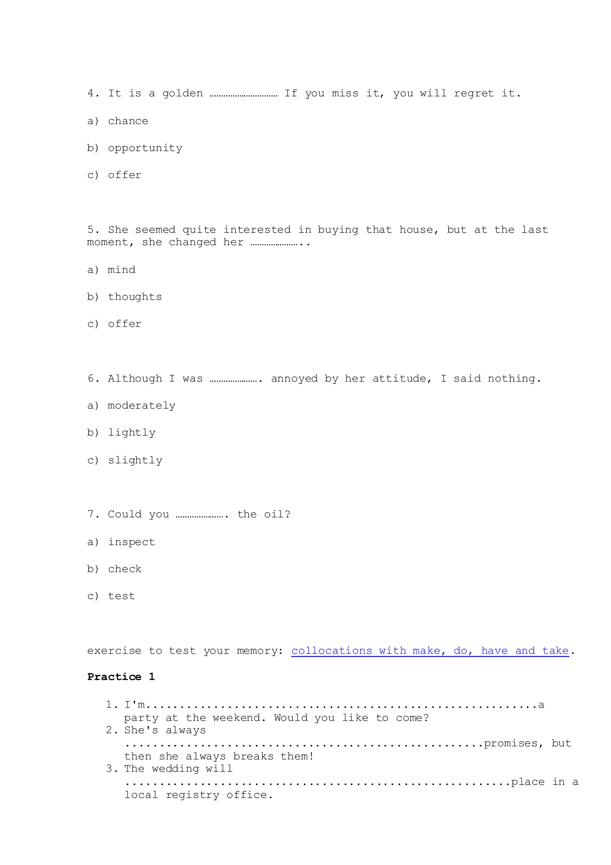 Collocations exercises and answers | DOCX