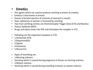 Emetics (The agents which are used to evoke vomiting) and Antiemetic ...