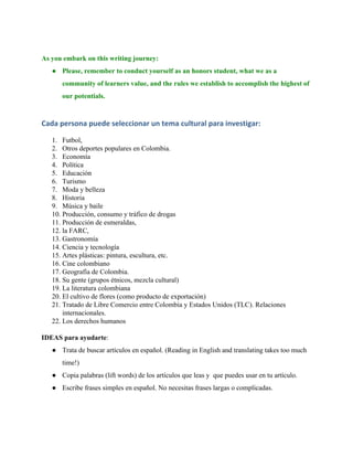 Colombia cultural connection- Spanish IV- Honors | PDF