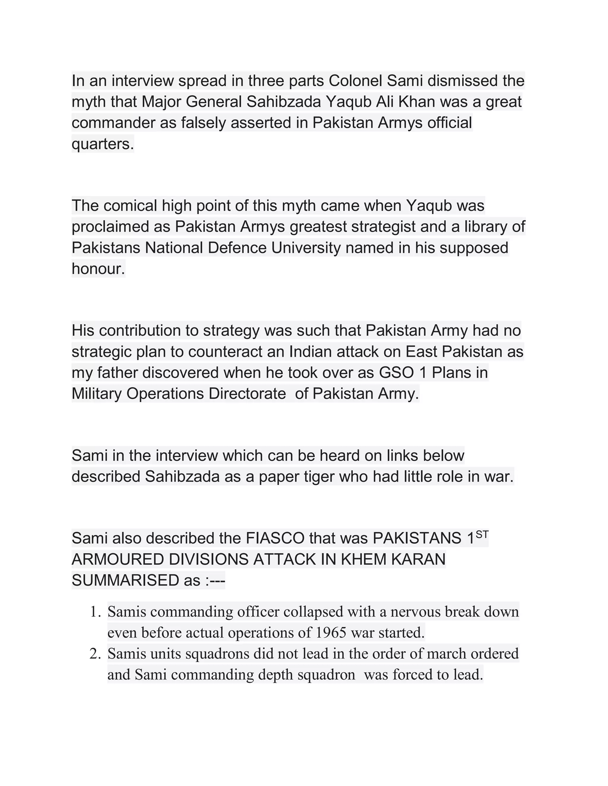 dismissed the myth that Major General Sahibzada Yaqub Ali Khan was a great commander | PDF