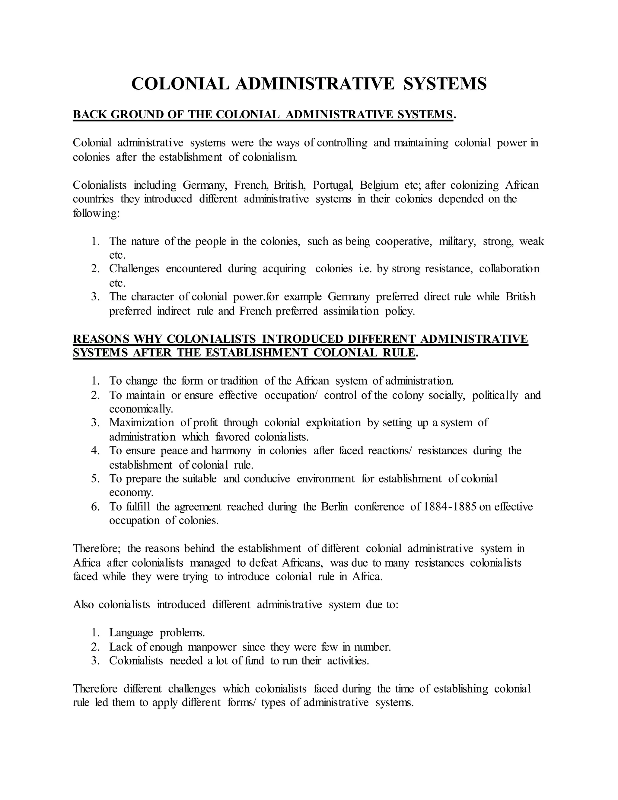 Colonial administrative systems | DOCX