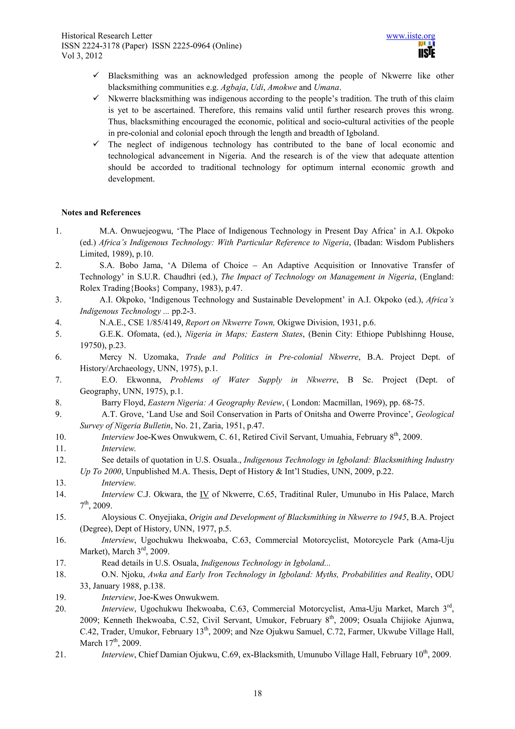 Colonialism and the disintegration of indigenous technology in igboland ...