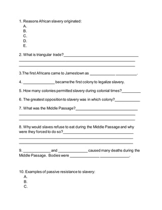 Slavery In The Colonies Worksheet