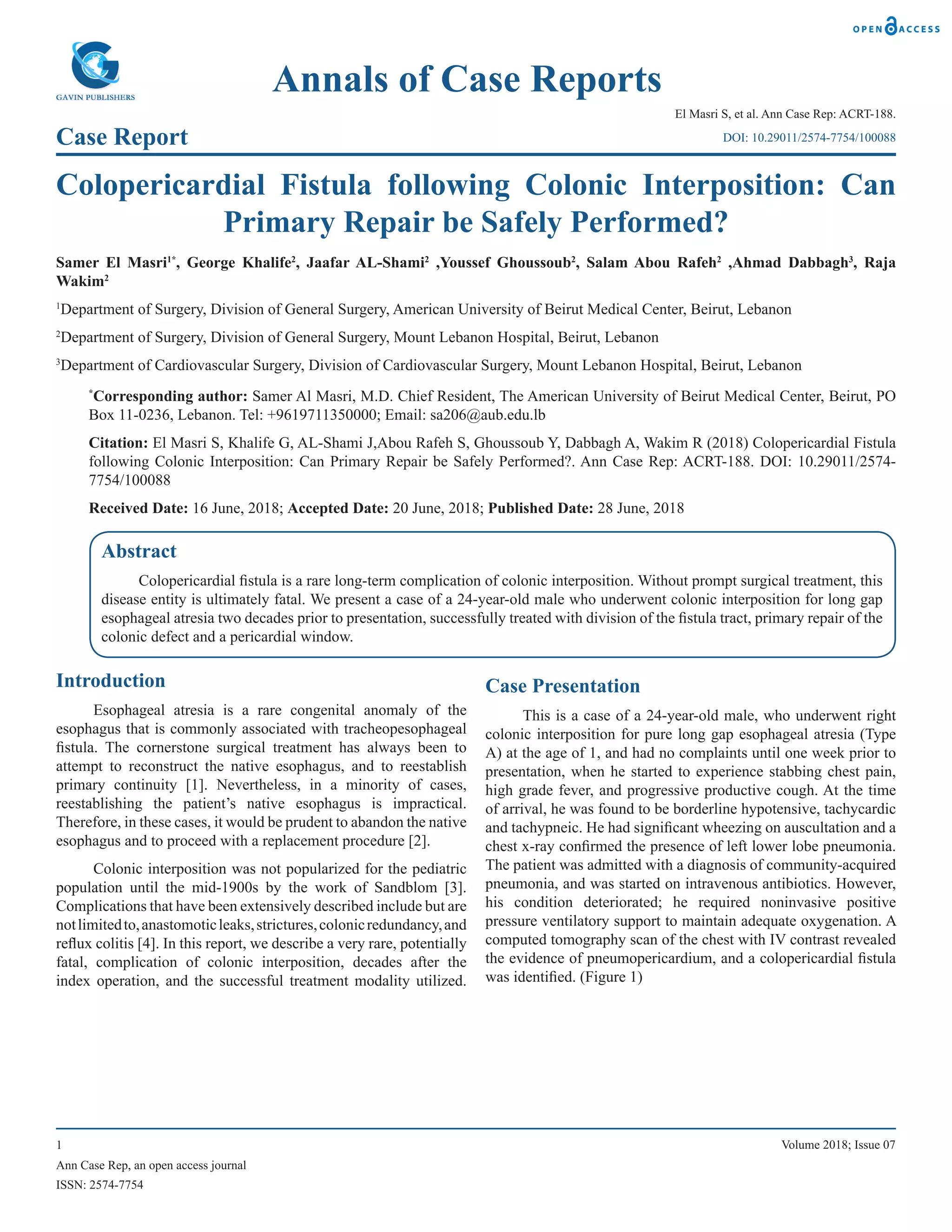 Colopericardial fistula following colonic interposition can primary ...