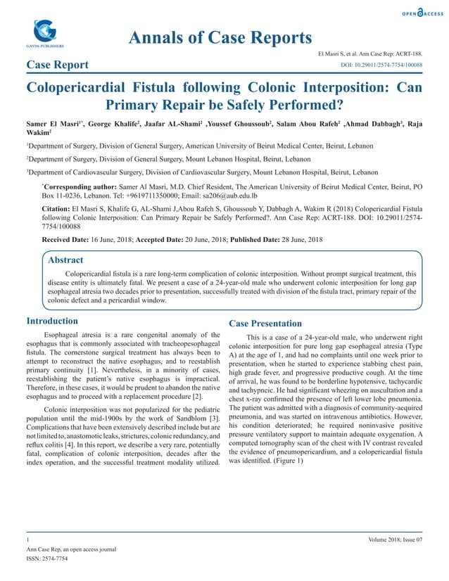 Colopericardial fistula following colonic interposition can primary ...