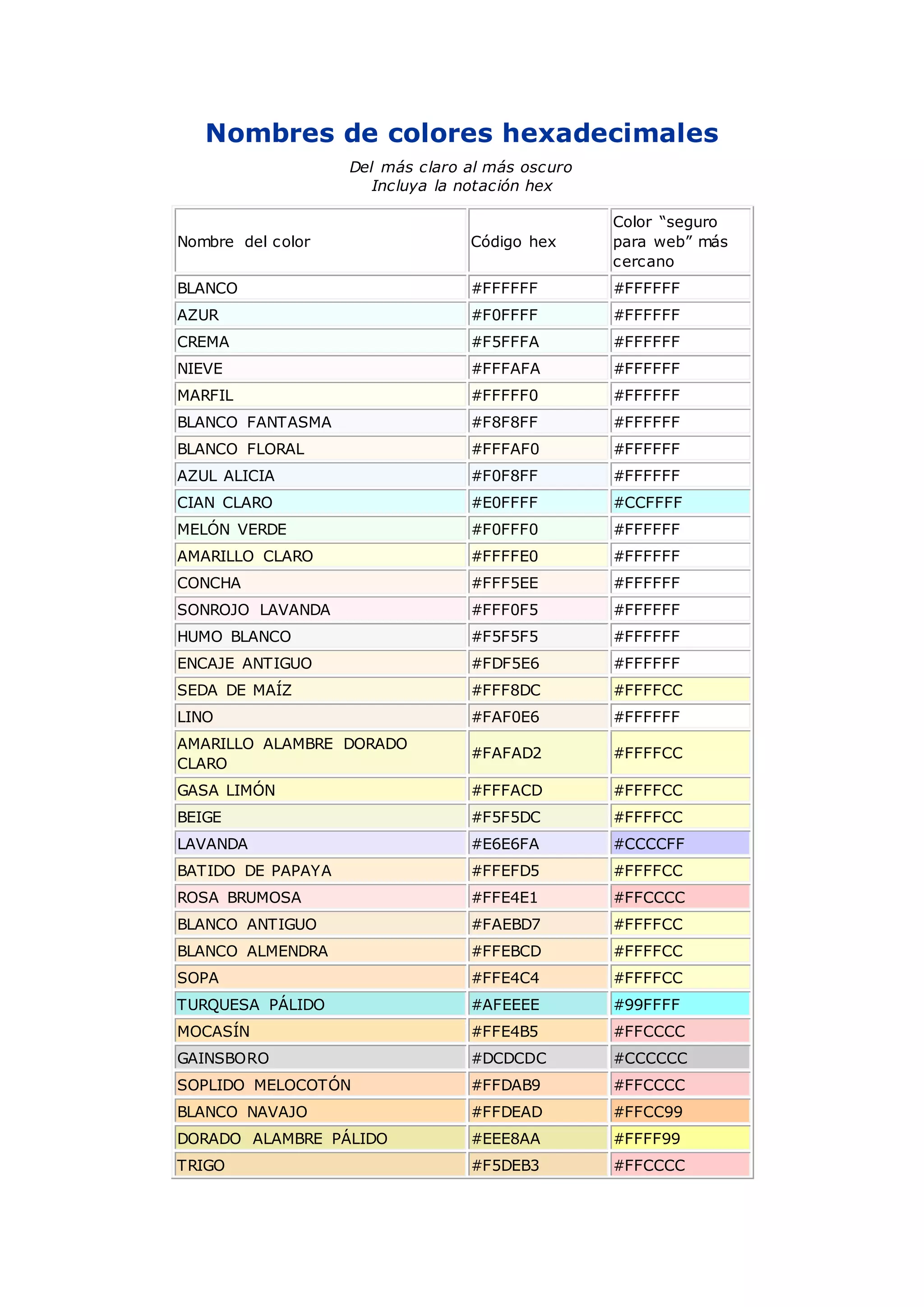 Color hexadecimales y web | DOCX