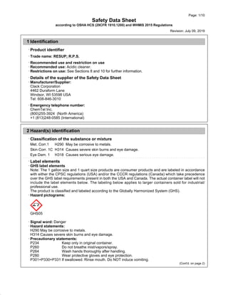 Colorado Water Purification Clack Resup RPS NA Safety Data Sheet | PDF