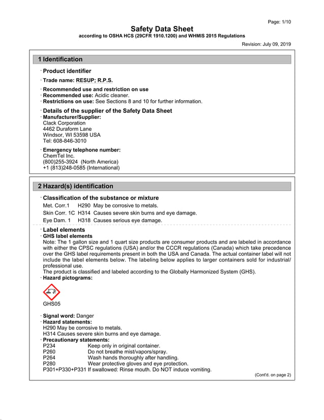 Colorado Water Purification Clack Resup RPS NA Safety Data Sheet | PDF ...