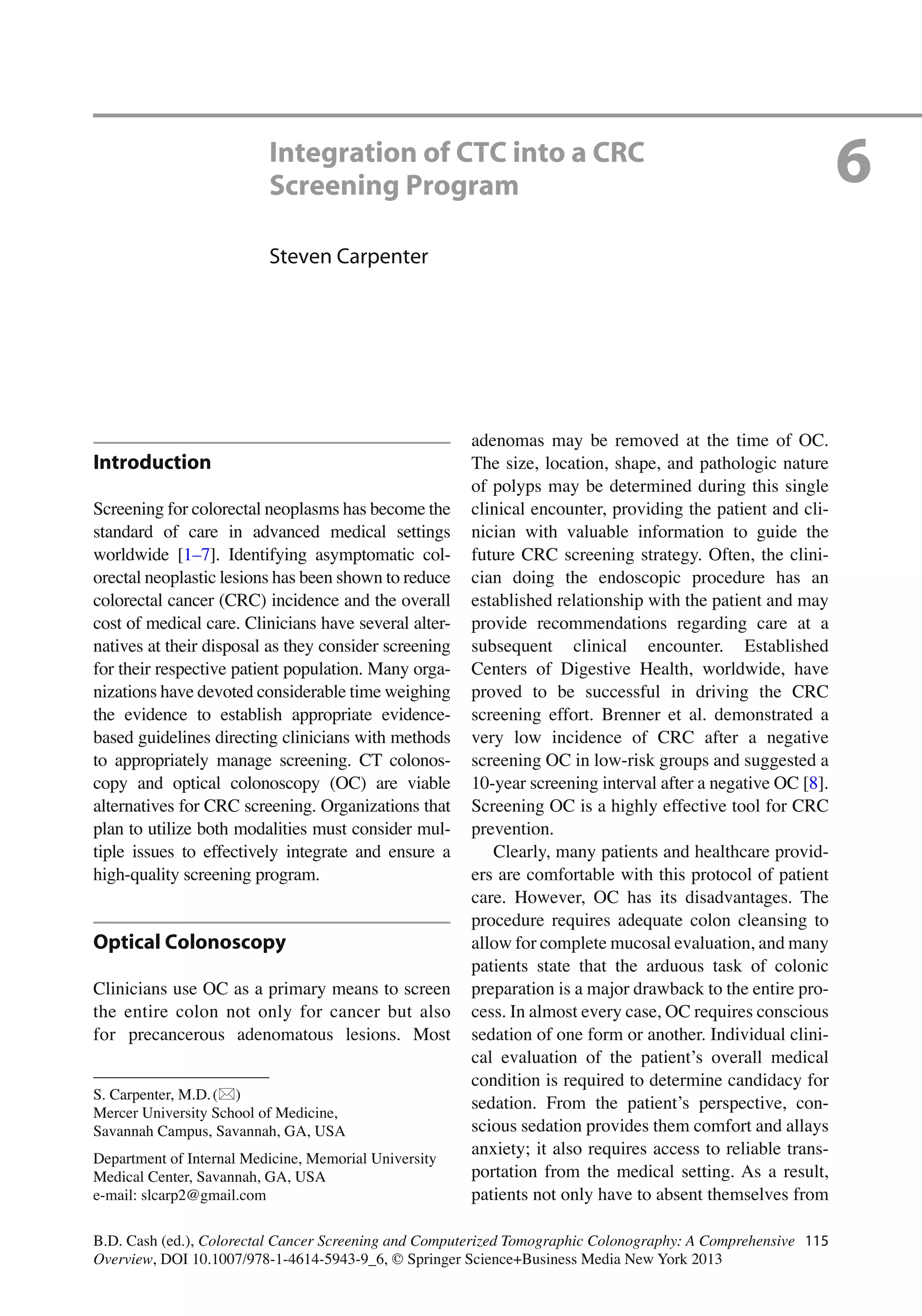 Colorectal cancer screening and computerized tomographic colonography ...