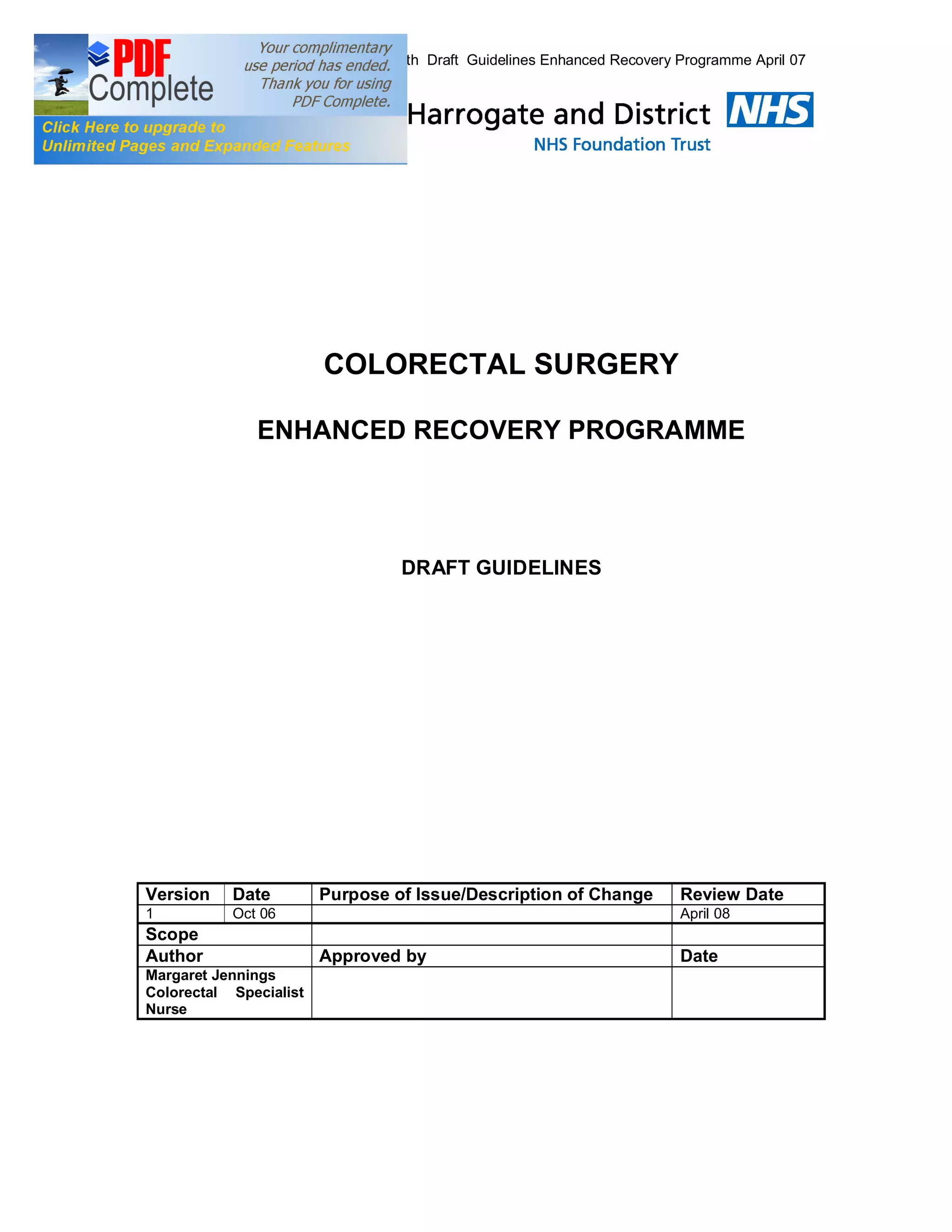 COLORECTAL SURGERY ENHANCED RECOVERY PROGRAMME - Draft Guidelines | PDF
