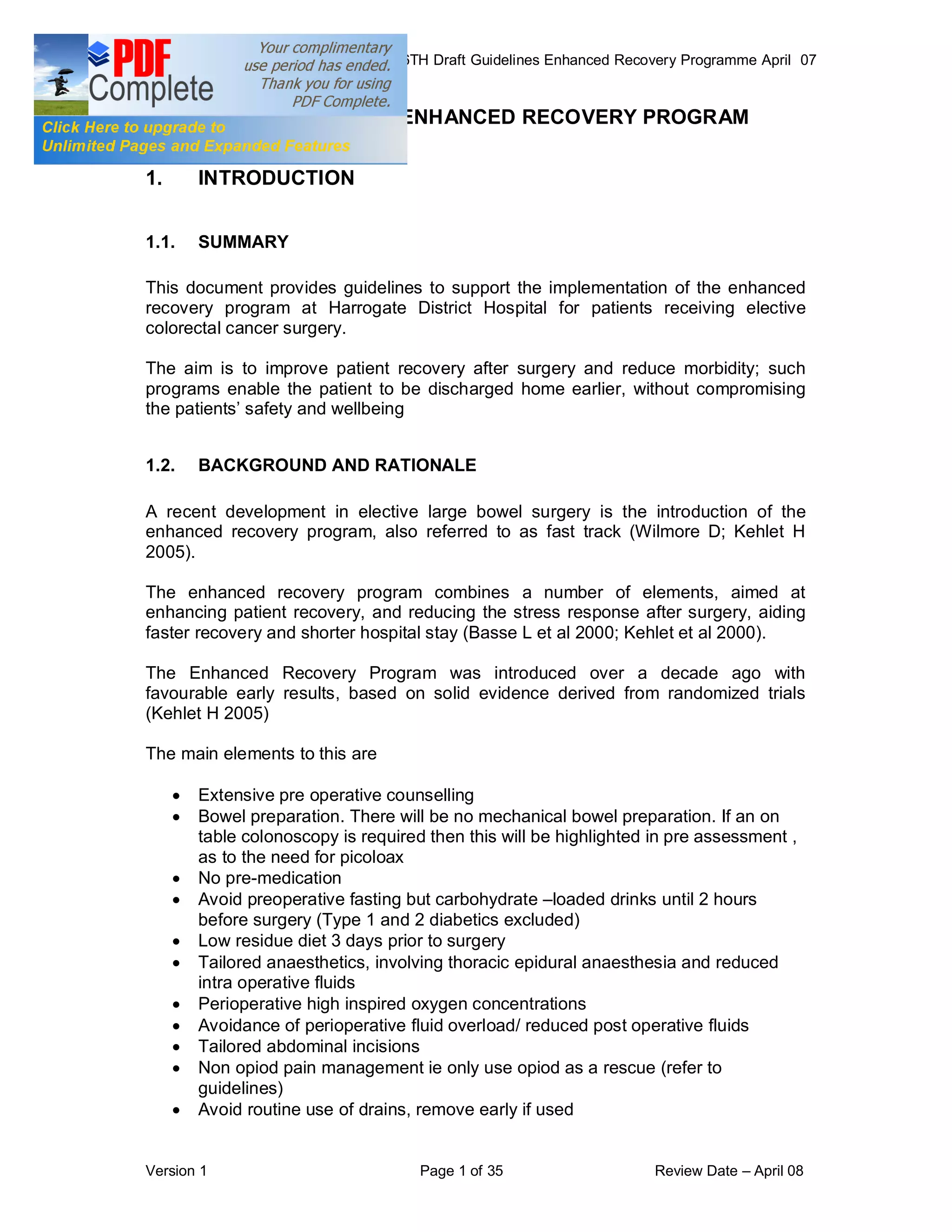 COLORECTAL SURGERY ENHANCED RECOVERY PROGRAMME - Draft Guidelines | PDF