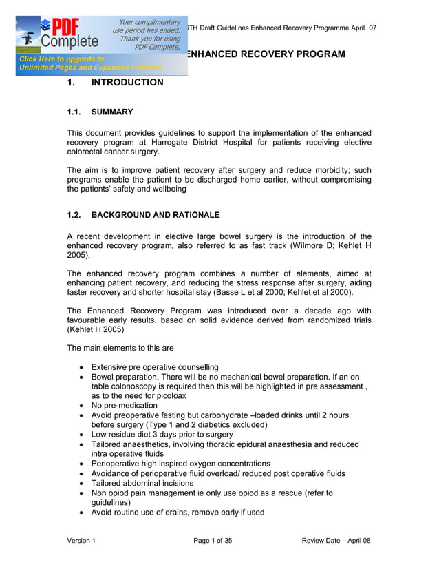 COLORECTAL SURGERY ENHANCED RECOVERY PROGRAMME - Draft Guidelines | PDF
