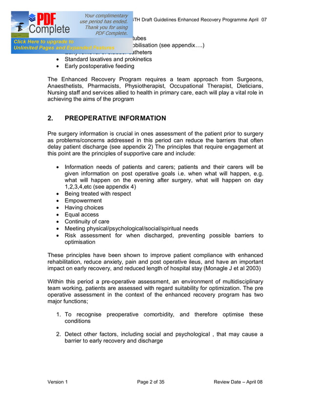 COLORECTAL SURGERY ENHANCED RECOVERY PROGRAMME - Draft Guidelines | PDF