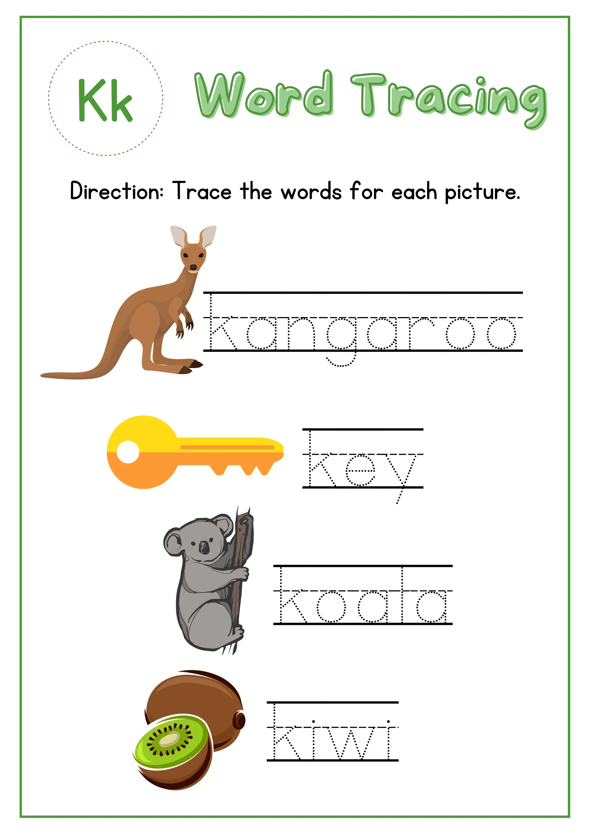 Colorful Illustrative K to T Word Tracing Worksheet - Activity Sheets | PDF
