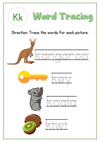 Colorful Illustrative K to T Word Tracing Worksheet - Activity Sheets | PDF