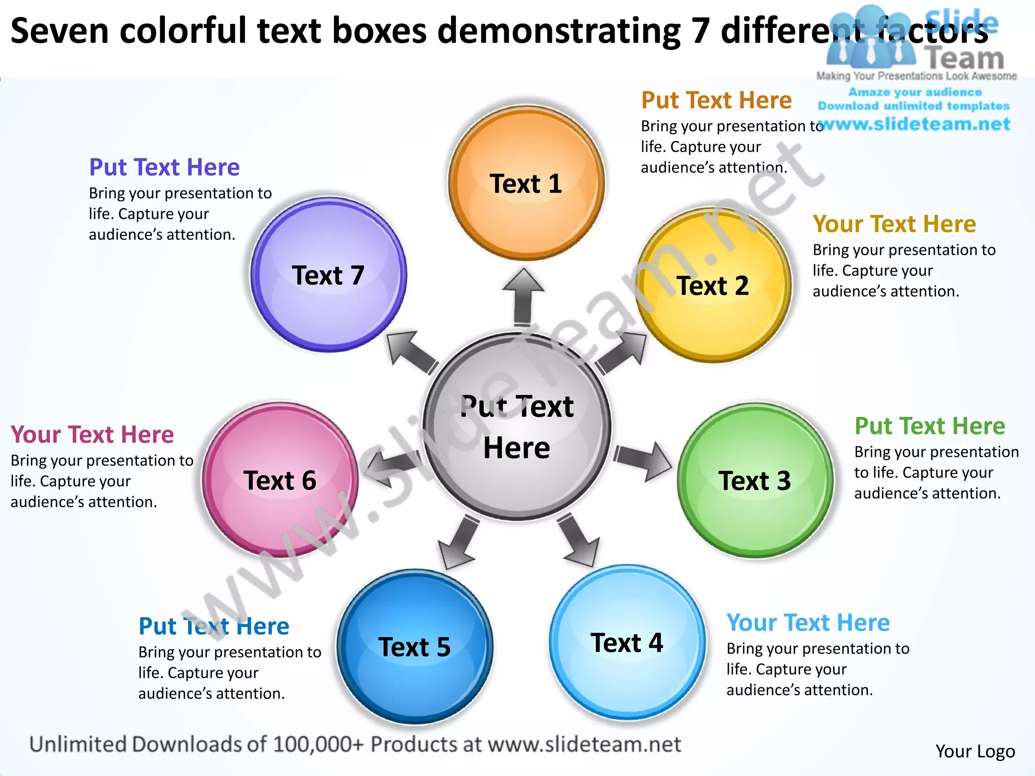 Colorful text boxes demonstrating 7 different factors processs and ...
