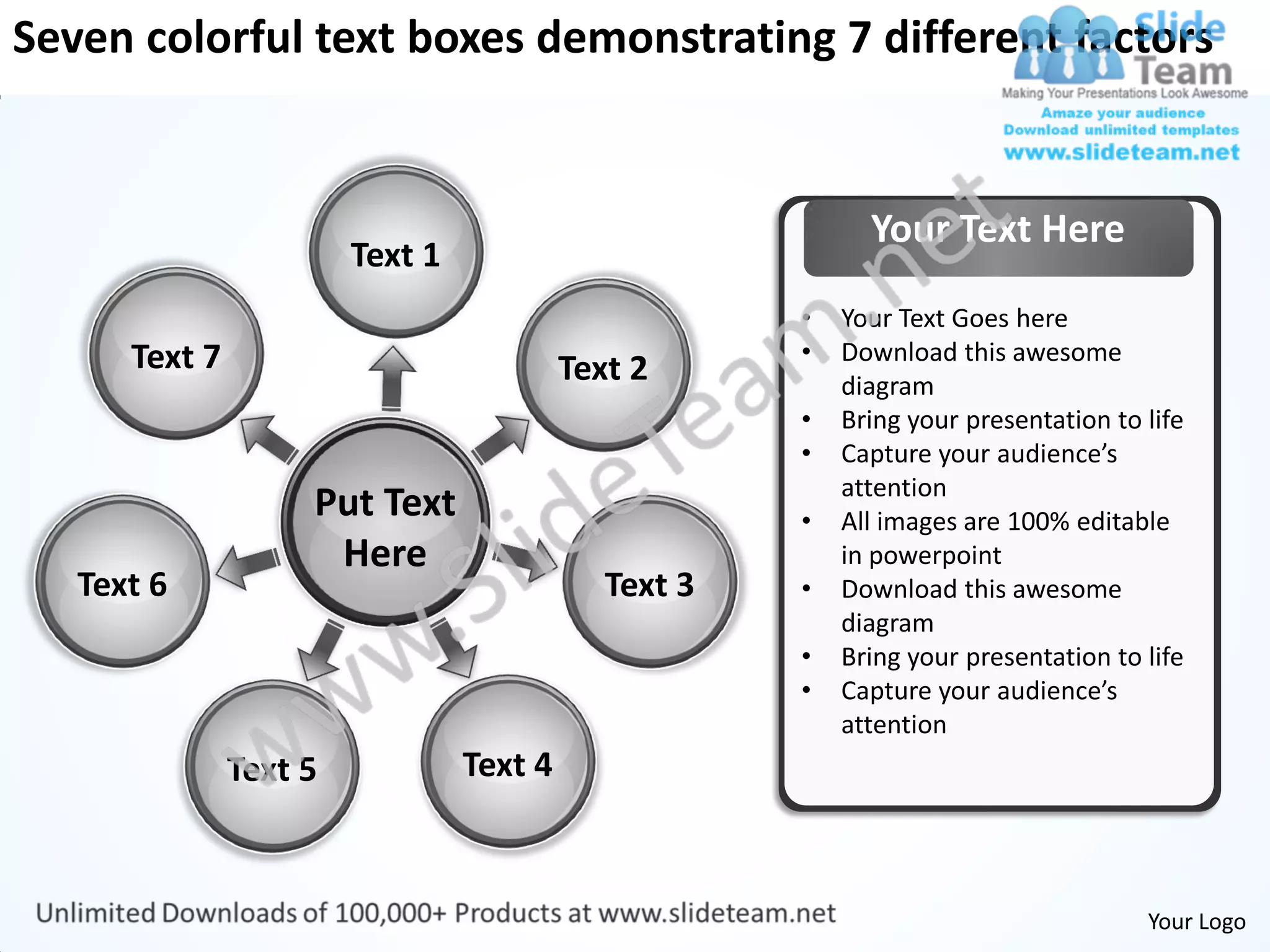 Colorful text boxes demonstrating 7 different factors processs and ...