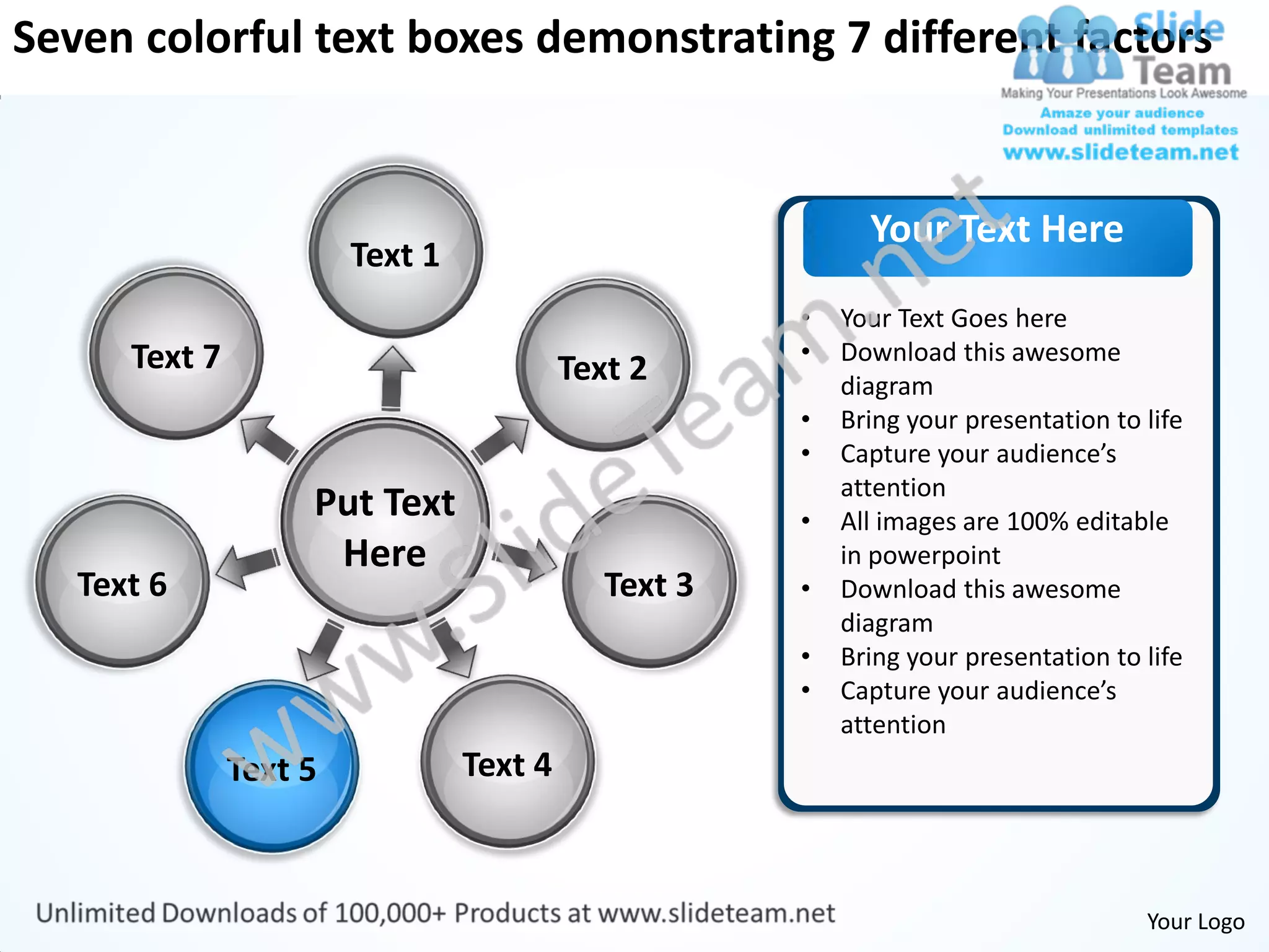 Colorful text boxes demonstrating 7 different factors processs and ...