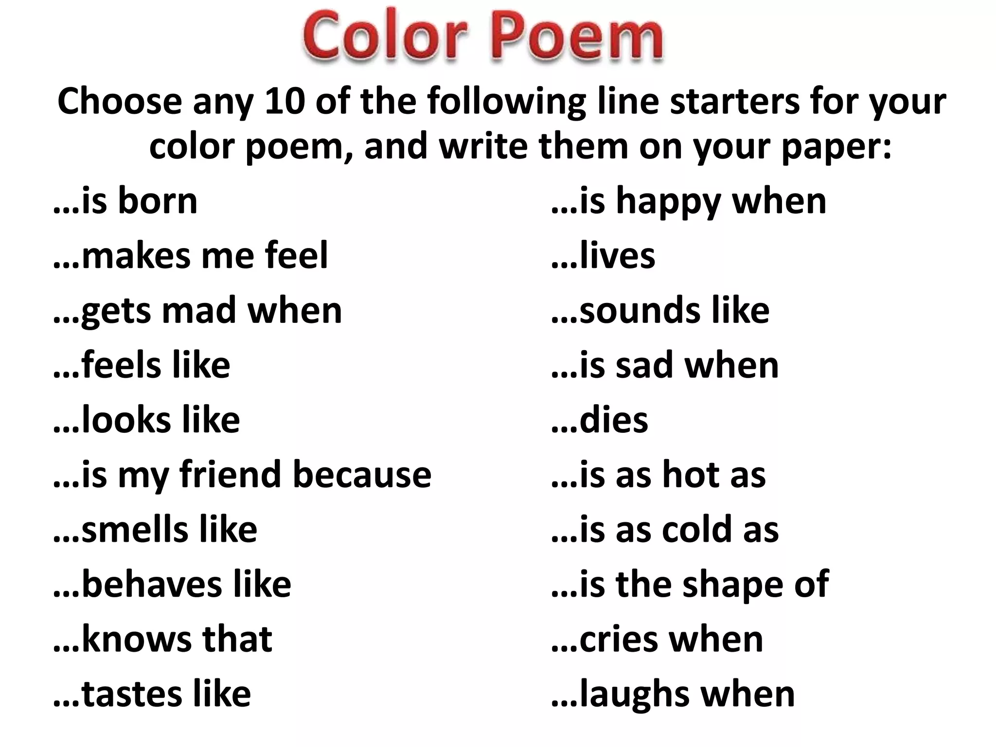 Color poem line starters | PPTX