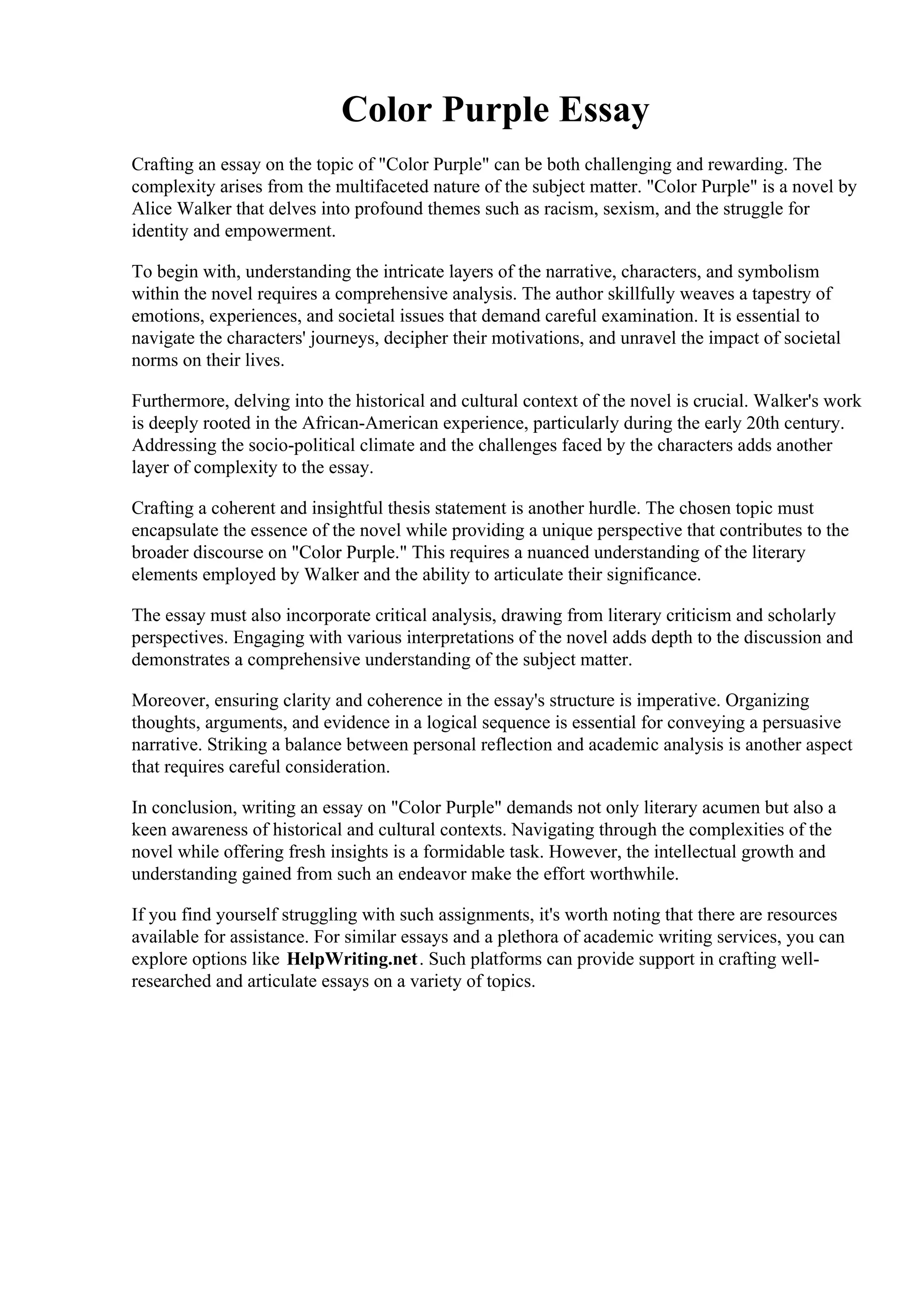 Color Purple Essay. . The Color Purple A Level Essay Plans Teaching ...