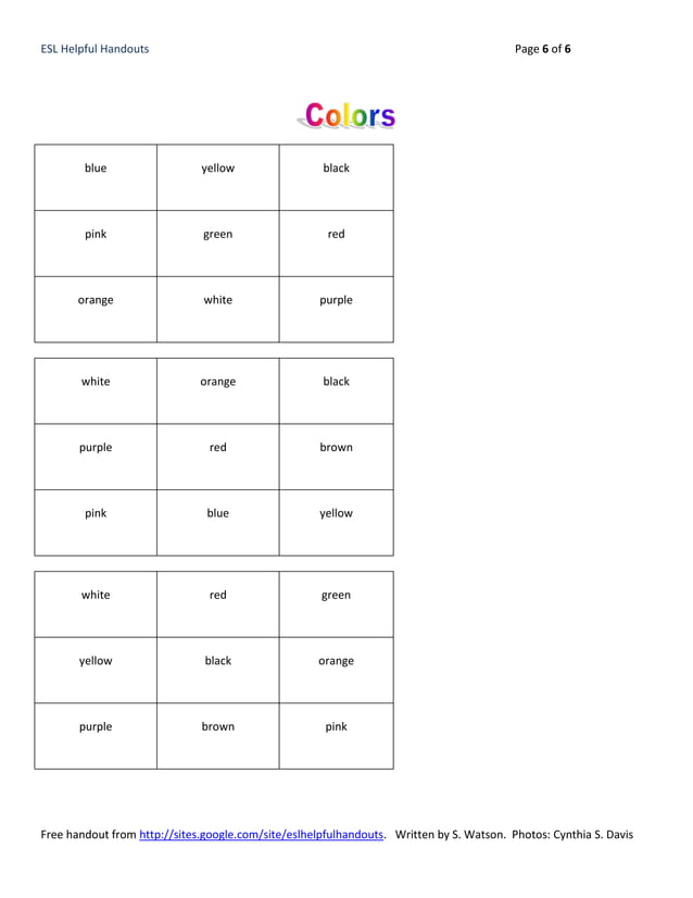 ESL Helpful Handouts-Colors1 | PDF