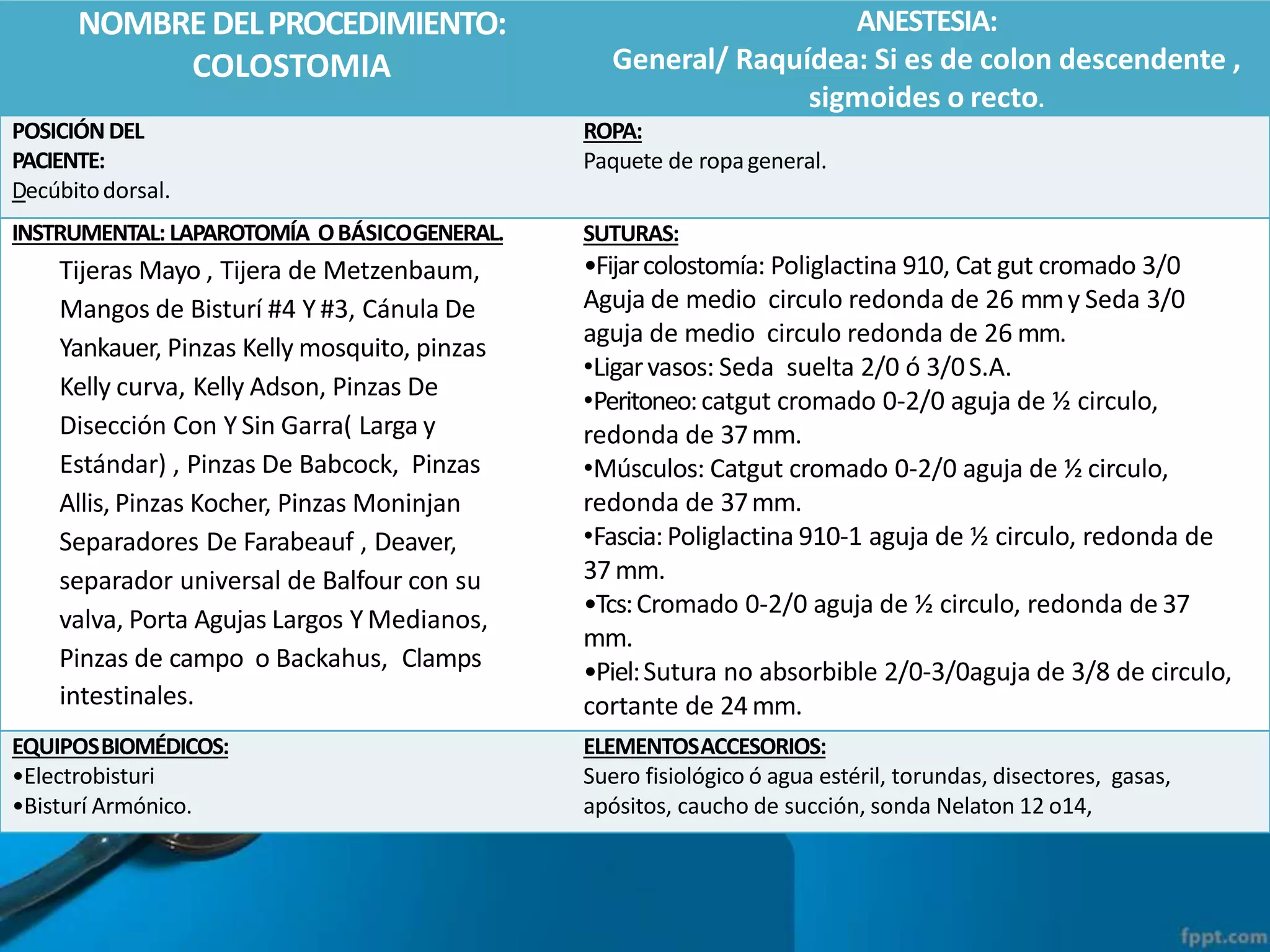 COLOSTOMIA - TECNICA QUIRURGICA E INSTRUMENTAL | PPTX