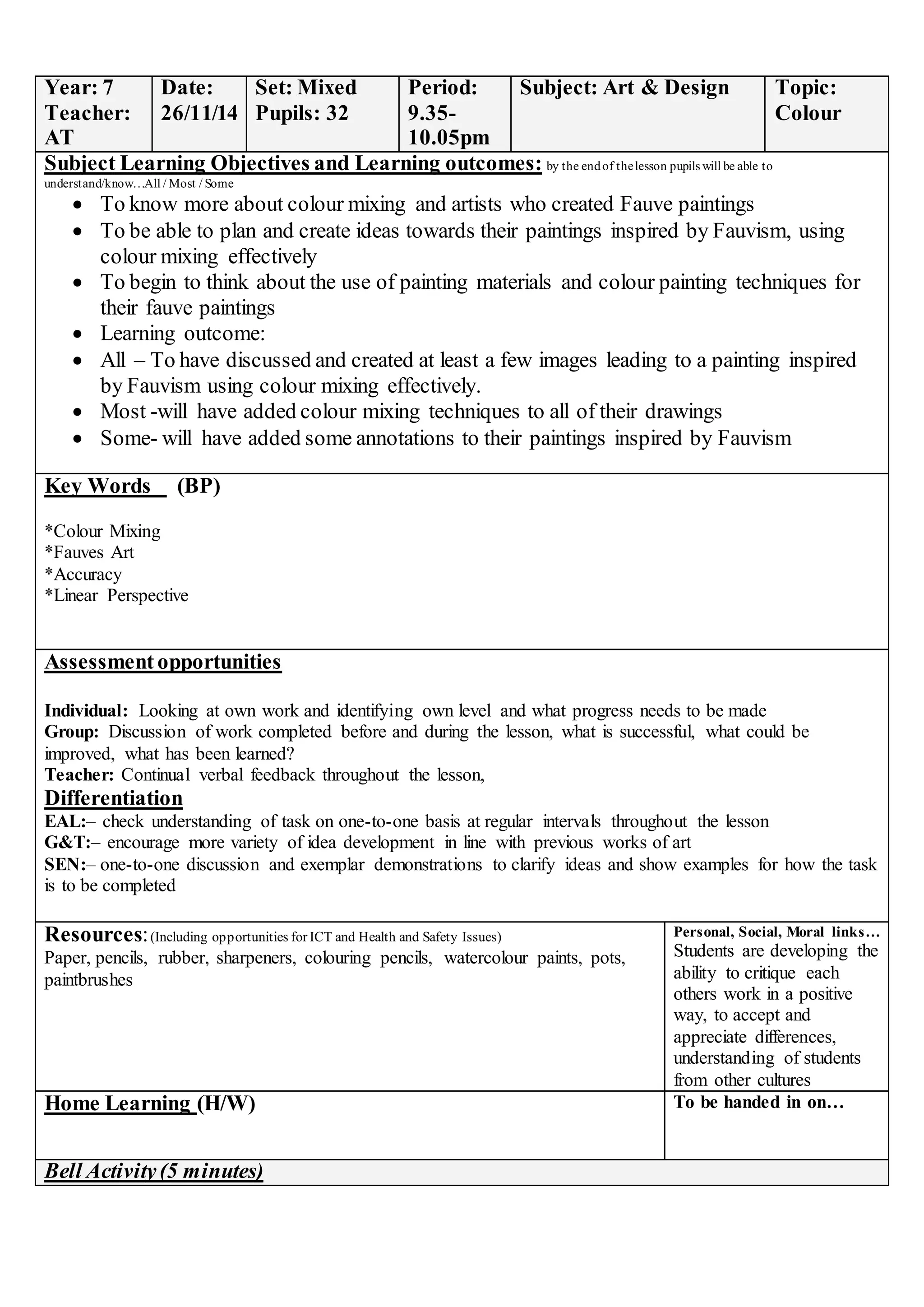 Colour Mixing Lesson Plan-Secondary Education | DOCX | Painting | Arts ...