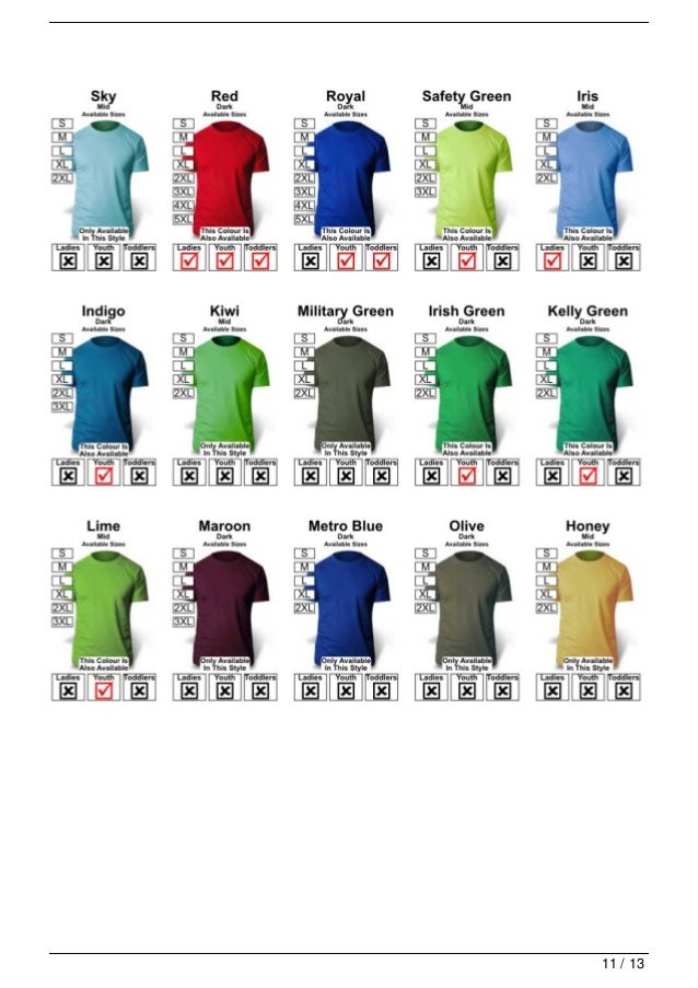 Colours, Sizes & Sizing Chart