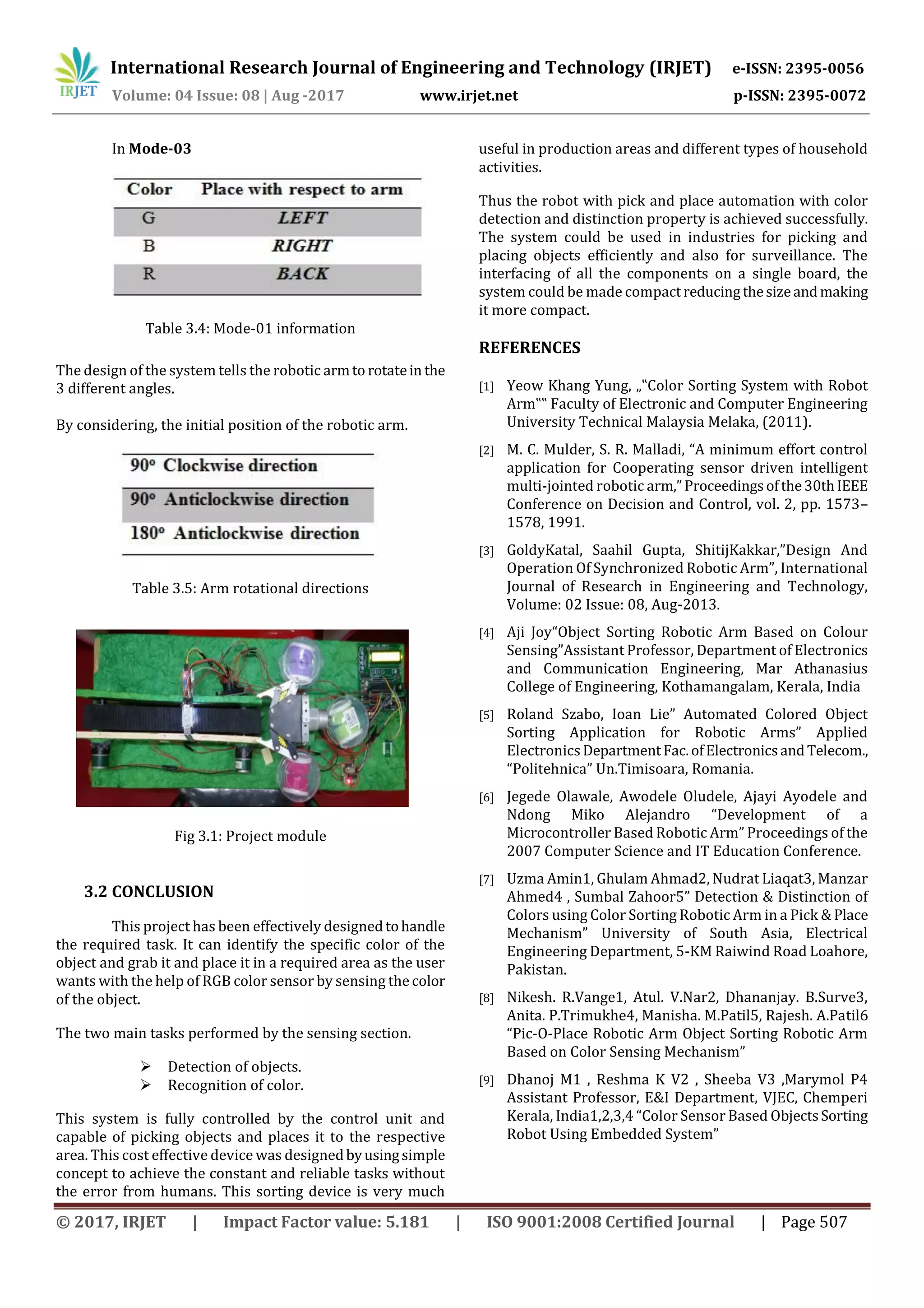 Colour sensor based object sorting robot @1000KV Technologies 9030844877 | PDF