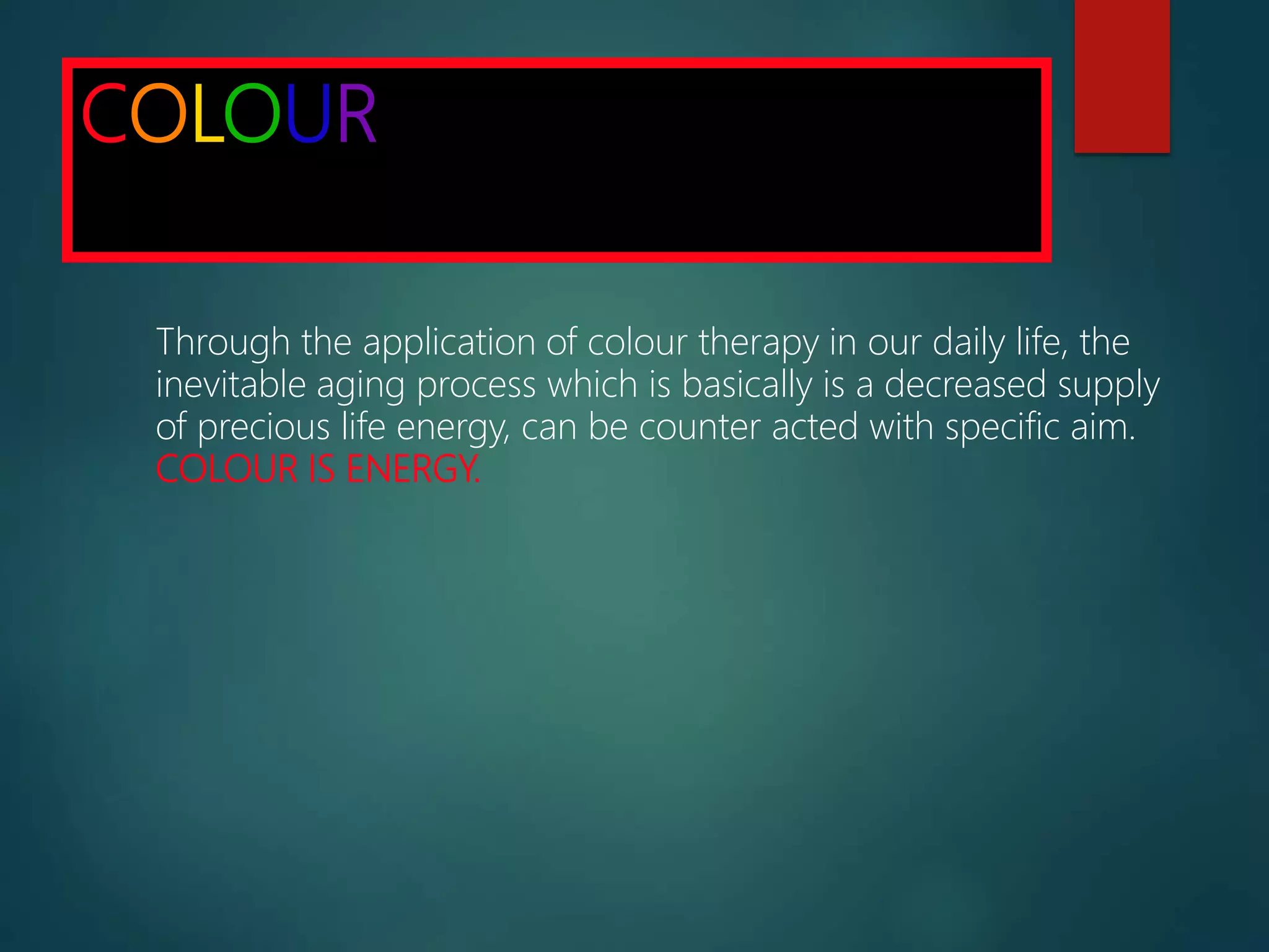 Chromotherapy Chromotherapy, sometimes called color therapy, colorology or cromatherapy, is an ...